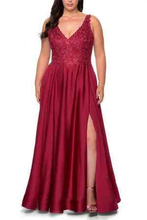 La Femme A-line Dress With Rhinestone Lace Bodice - Wine