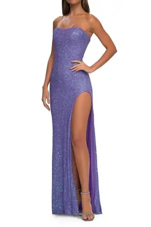 La Femme Beaded Lace Strapless Dress - Periwinkle