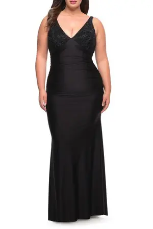 La Femme Jersey Gown With Jeweled Bodice And V-neckline - Black