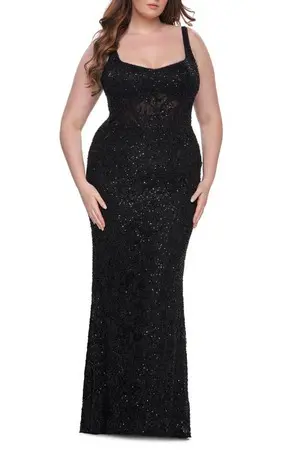 La Femme Fitted Beaded Lace Prom Gown With Illusion Waist - Black
