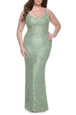 La Femme Fitted Beaded Lace Prom Gown With Illusion Waist - Sage