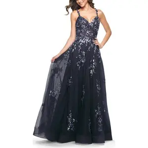 La Femme A-line Tulle Gown With Floral Sequin - Navy