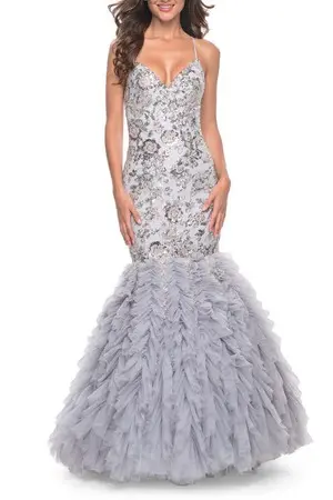 La Femme Mermaid Beaded Floral Gown - Silver