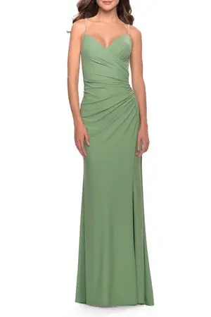 La Femme Long Ruched Jersey Gown With V-neckline - Sage