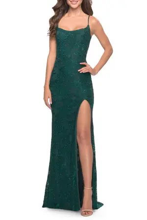 La Femme Stretch Lace Column Gown With Slit - Dark Emerald