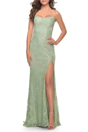 La Femme Stretch Lace Column Gown With Slit - Sage