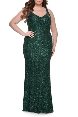 La Femme Fitted Stretch Sequin V-neck Dress - Emerald