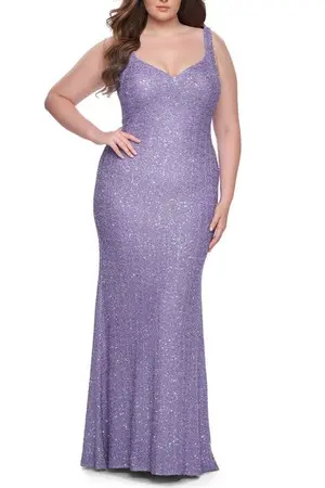 La Femme Fitted Stretch Sequin V-neck Dress - Periwinkle