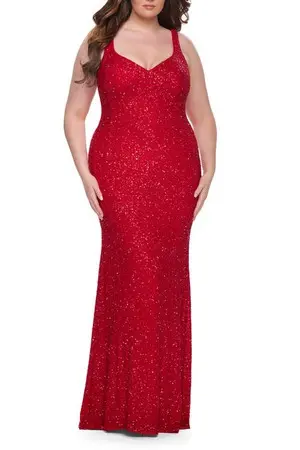 La Femme Fitted Stretch Sequin V-neck Dress - Red