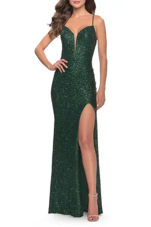La Femme Sequin Gown With Deep V-neck And Open Back - Emerald