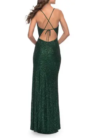 La Femme Sequin Gown With Deep V-neck And Open Back - Emerald
