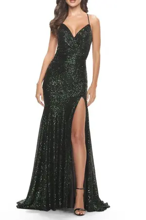 La Femme Sequin Gown With Flare Skirt And Slit - Dark Emerald