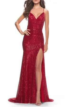 La Femme Sequin Gown With Flare Skirt And Slit - Red