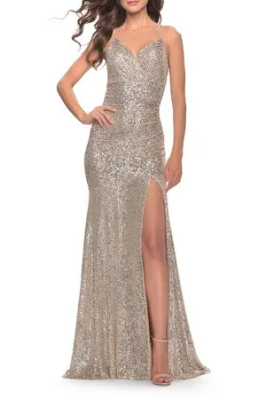 La Femme Sequin Gown With Flare Skirt And Slit - Silver