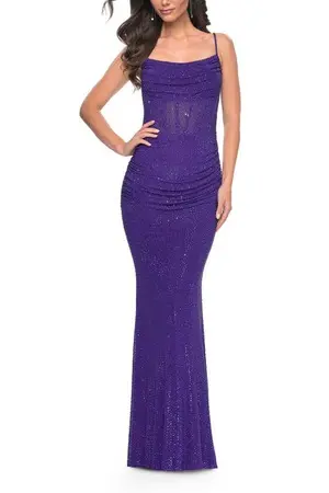 La Femme Rhinestone Embellished Net Jersey Gown - Indigo