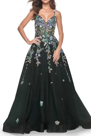 La Femme Sequin Floral Lace Applique A-line Tulle Gown - Black