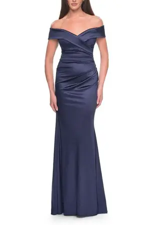 La Femme Off-the-shoulder Stretch Satin Evening Gown - Navy