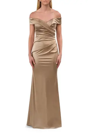 La Femme Off-the-shoulder Stretch Satin Evening Gown - Pewter