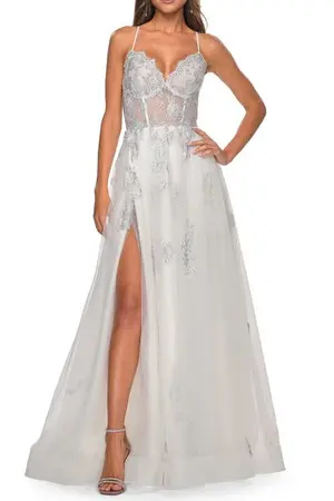 La Femme A-line Tulle Gown With Lace Applique - White