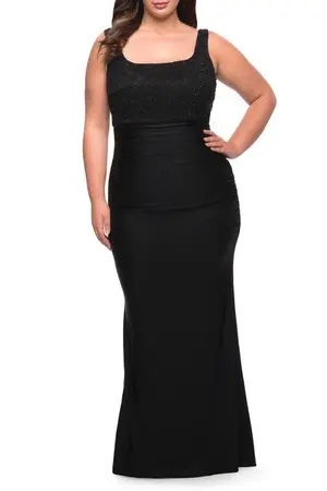 La Femme Long Lace And Jersey Gown - Black