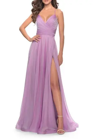 La Femme Chiffon Gown With Ruched Bodice And Slit - Lavender