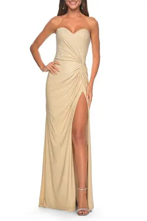 La Femme Strapless Rhinestone Embellished Gown With Knot Detail - Nude