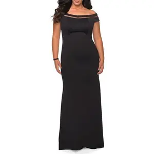 La Femme Off-the-shoulder Gown With Sheer Neckline Detail - Black