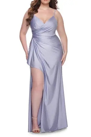 La Femme Rhinestone Embellished Jersey Dress With Lace Back - Light Periwinkle