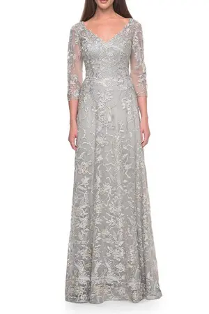 La Femme Lace A-line Gown - Silver
