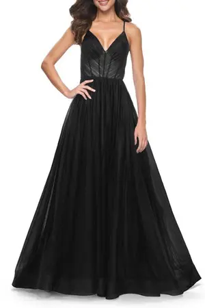 La Femme A-line Prom Dress With Illusion Bodice - Black