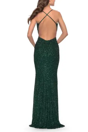 La Femme Sequin Gown With Open Back - Emerald