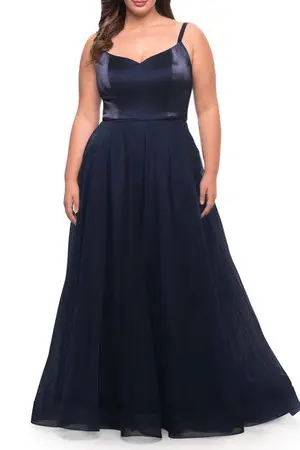La Femme A-line Tulle Gown With Satin Bodice - Navy
