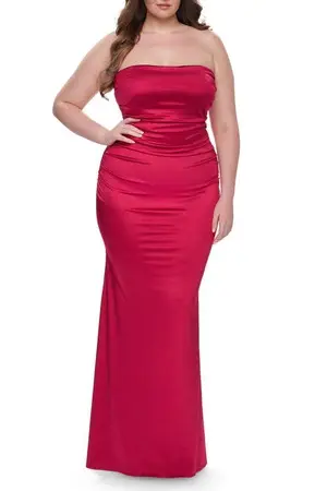 La Femme Strapless Satin Gown With Ruching
