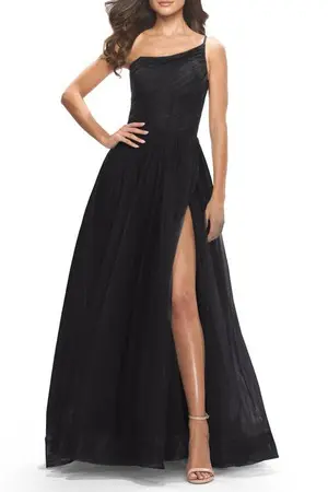 La Femme One-shoulder A-line Tulle Gown - Black