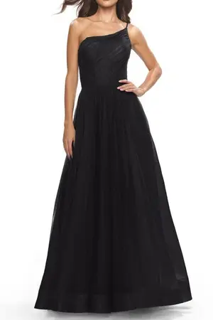 La Femme One-shoulder A-line Tulle Gown - Black