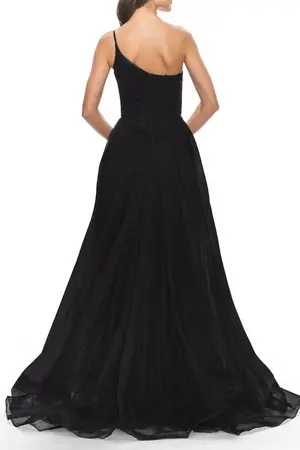 La Femme One-shoulder A-line Tulle Gown - Black