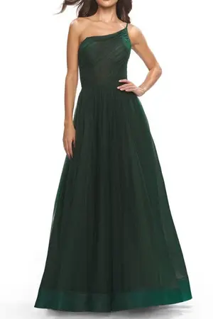 La Femme One-shoulder A-line Tulle Gown - Dark Emerald