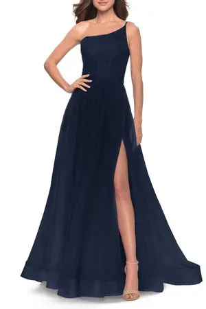 La Femme One-shoulder A-line Tulle Gown - Navy