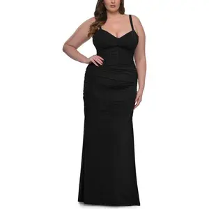 La Femme Corset Net Jersey V-neck Dress