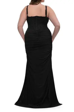 La Femme Corset Net Jersey V-neck Dress