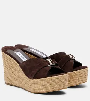 JIMMY CHOO Leda 100 Suede Espadrille Wedges - Brown