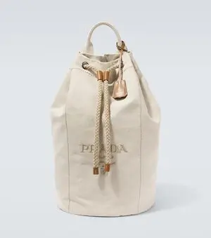 Prada Logo Embroidered Canvas Duffle Bag - White