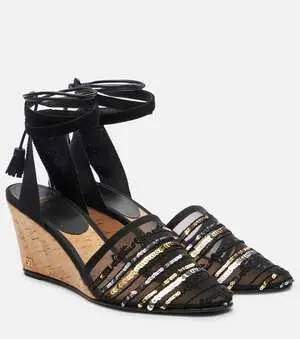 Valentino Garavani La Cruisette Embellished Espadrille Wedges - Black