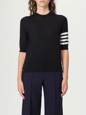 Thom Browne Short-sleeved Crew Neck Jumper In Virgin Wool With 4-bar Stripe - Navy