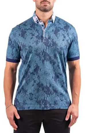 MACEOO Floral Jacquard Button-down Polo - Blue