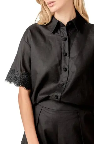 English Factory Embroidered Lace Linen Blend Shirt - Black