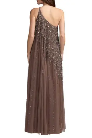 Mac Duggal One Shoulder Embellished Trapeze A-line Gown - Chocolate