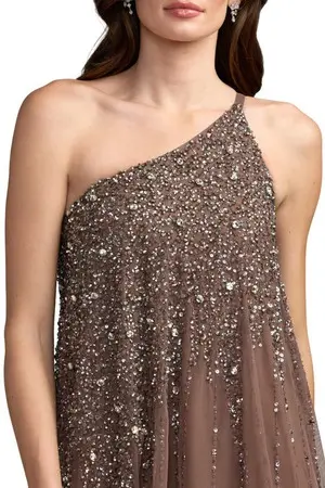 Mac Duggal One Shoulder Embellished Trapeze A-line Gown - Chocolate