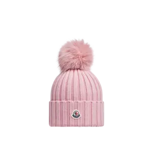 Moncler Wool Beanie With Faux Fur Pom Pom - Pink