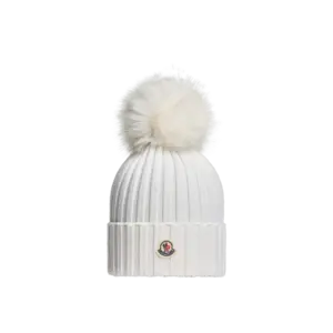 Moncler Wool Beanie With Faux Fur Pom Pom - White
